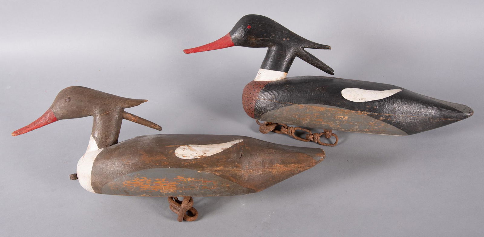 Pair Of 'red-breasted Merganser' Wooden Painted Duck Decoys Auction