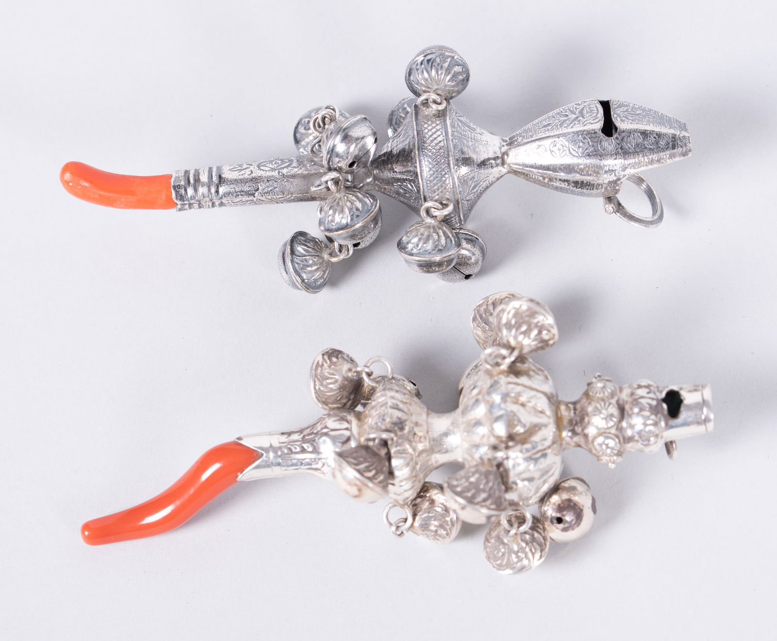 Two Antique Victorian Silver And Coral Baby Rattles Auction