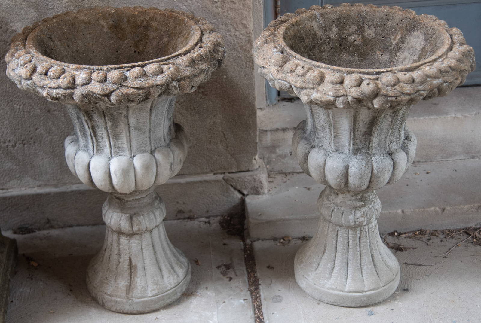 Pair Of Fluted Concrete Urns / Planters Auction