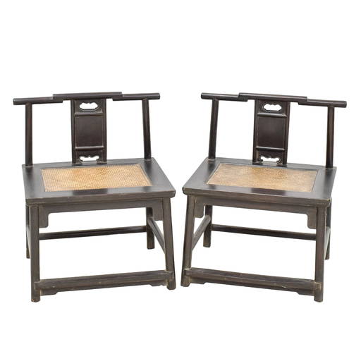Pr. Antique Chinese Zitan Chairs With Woven Seat