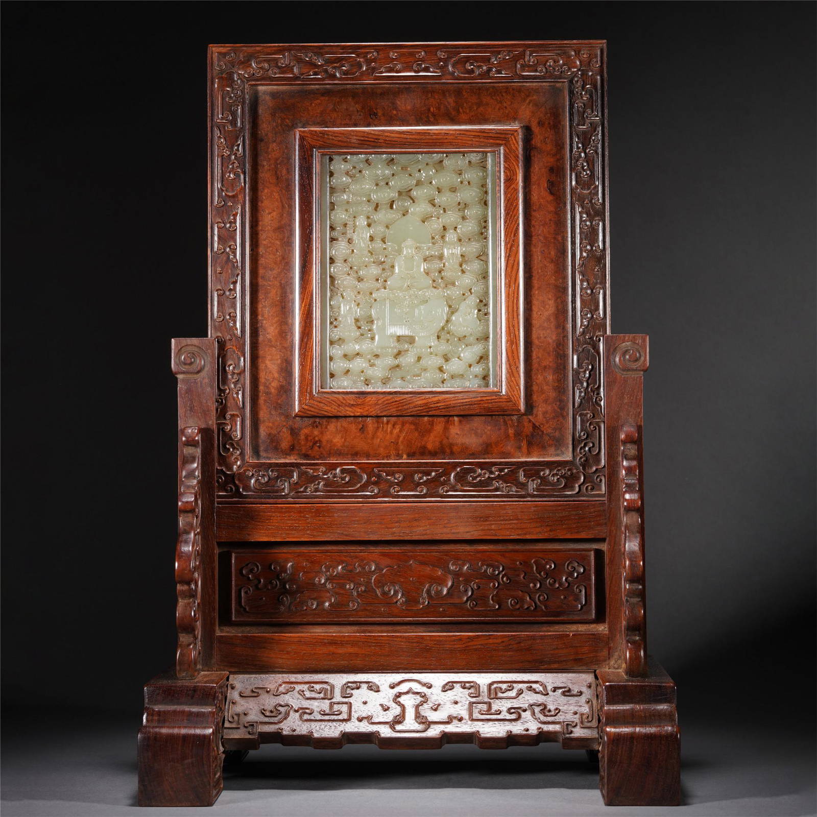 A Carved Jade Inlaid Wooden Table Screen Auction