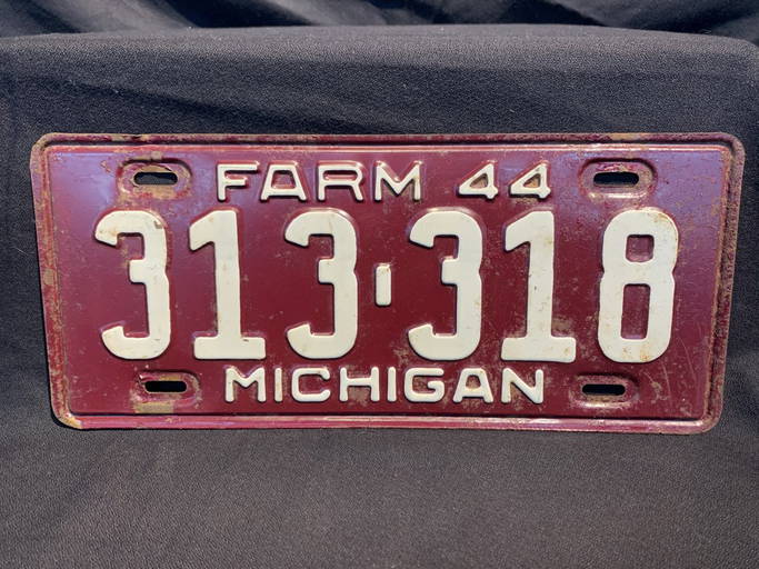 1944 Michigan Farm License Plate 313 318 Antique