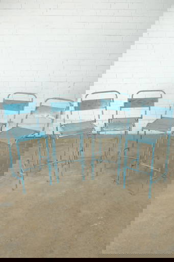 Mediterranan Blue Metal Bar Stools, Set Of 4