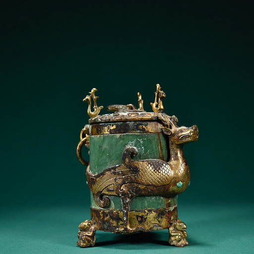 Chinese Jasper Embelleished Gilt Bronze Covered Censer On Three Legs