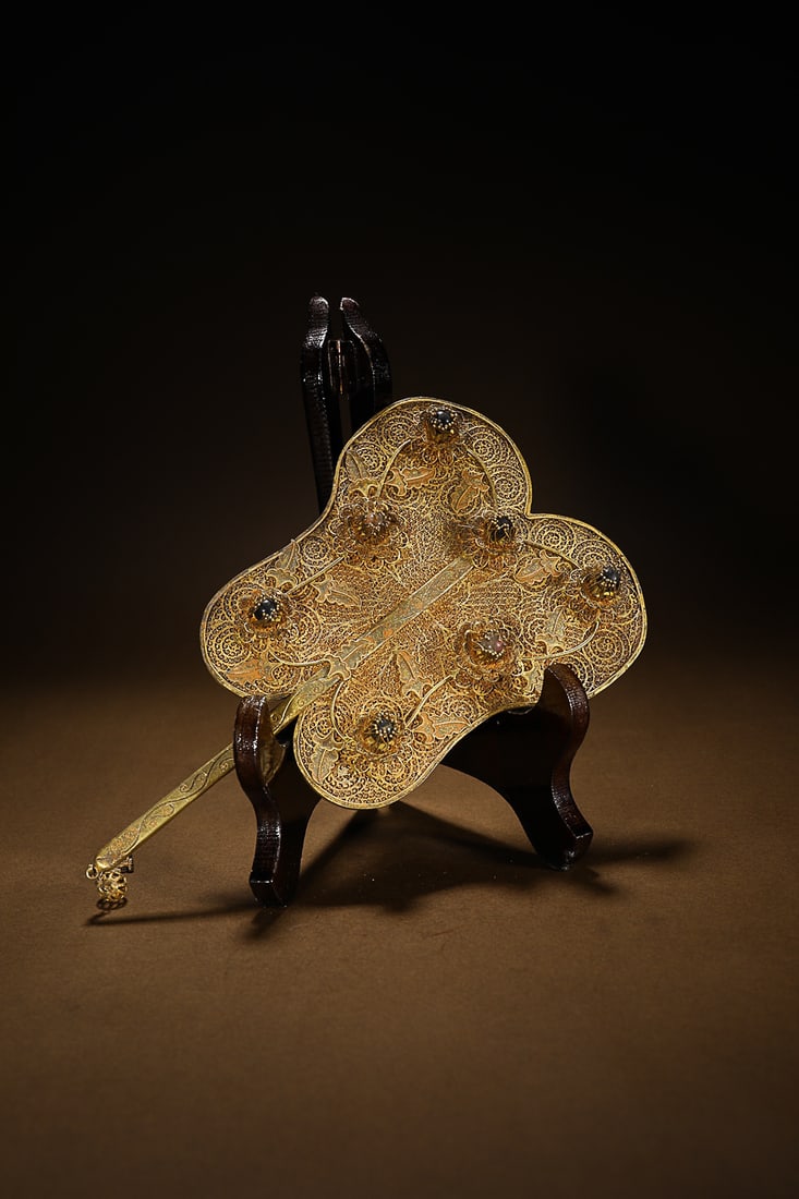 Chinese Gilt Silver Ceremonial Fan, 'phoenix'