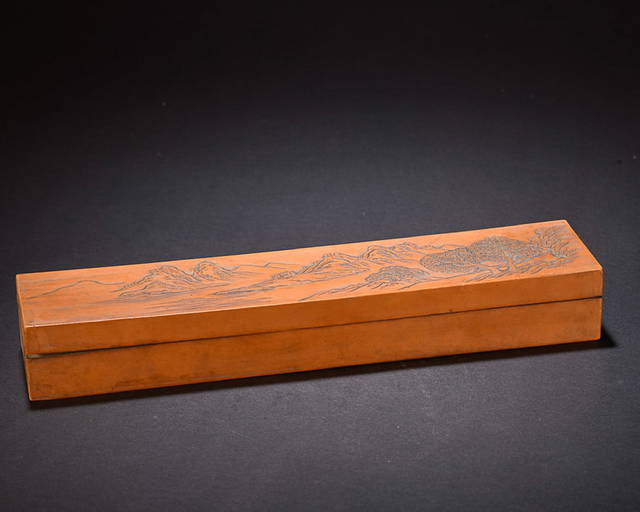 Chinese Bamboo Mounted Wood Brush Box, 'landscape', 'zhu Jian' Mark