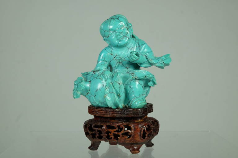 Chinese Carved Turquoise Stone Tongzi Figure Sculpture