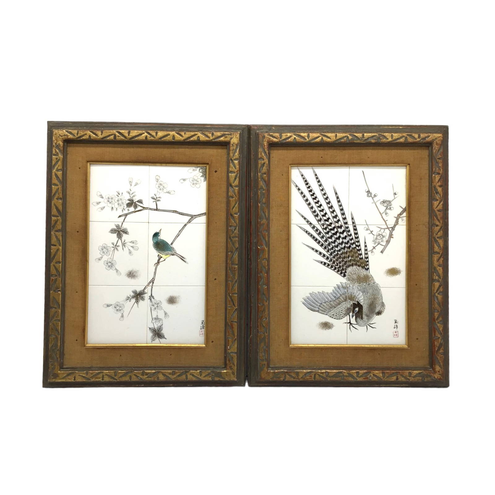 Pair Mid Century Japanese Hand Painted Porcelain Tile Art Signed Auction