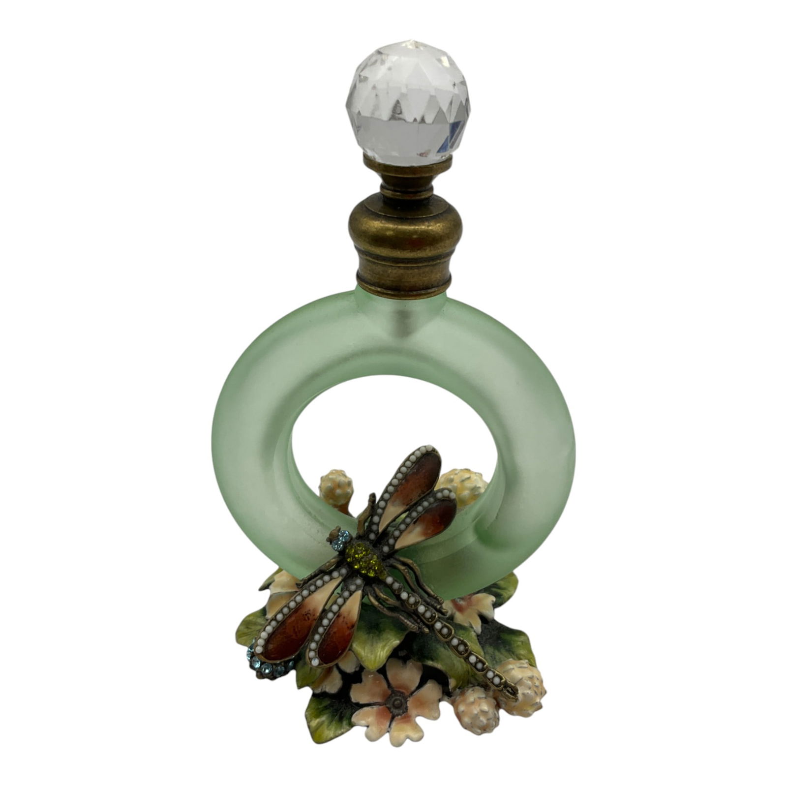 Vintage Frosted Green Glass Circle Perfume Bottle W Dragonfly Auction