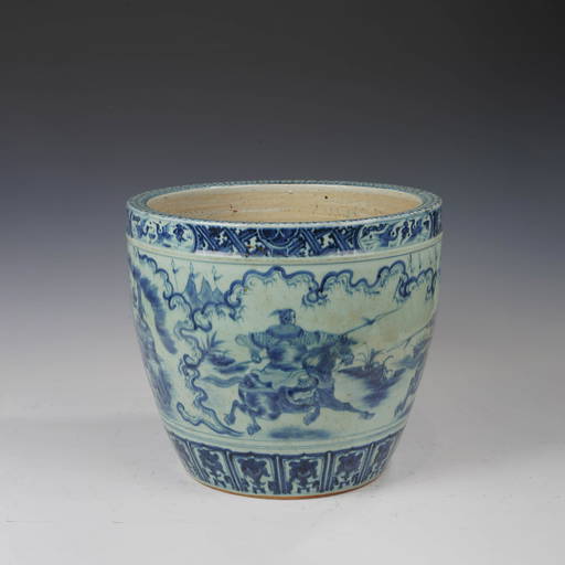 Blue And White Horse And Figure Scroll Jar