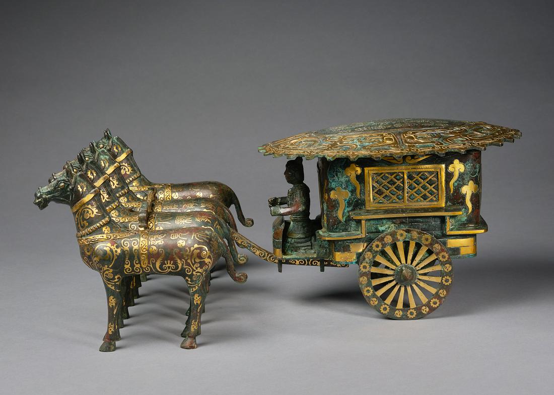 Gold & Silver Inlaid Bronze Horse Drawn Carriage Auction