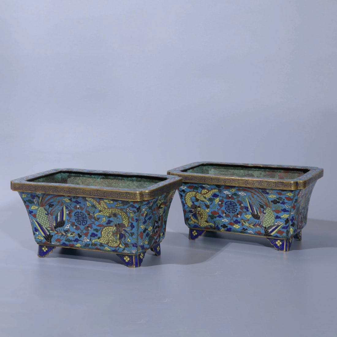 Qing Dyn. Pair Of Cloisonne Enamel Dragon And Phoenix Jardinieres Auction