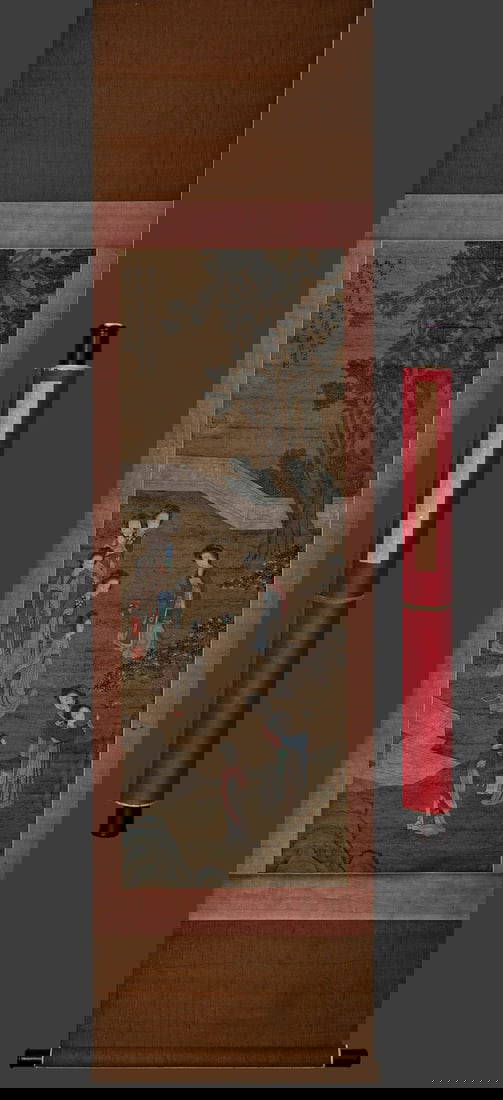 A Chinese Drawing Character Story Silk Painting,tang Yin Mark Auction