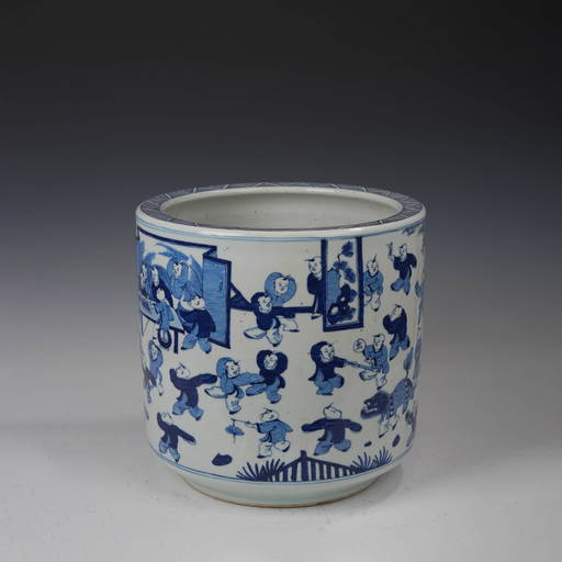 Blue And White Boys Playing Scroll Jar