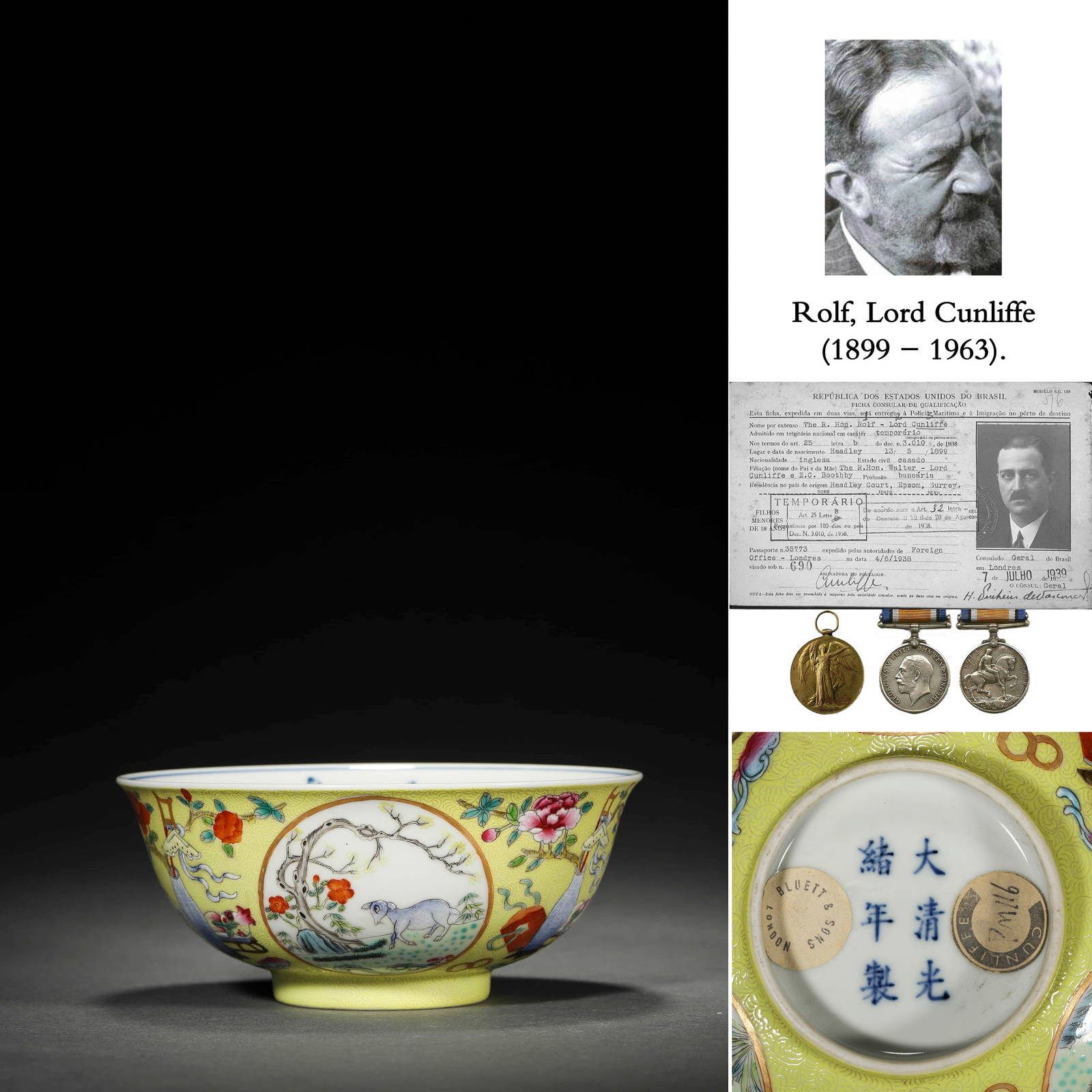San Yang Kai Tai Famille Jaune Yellow Ground Cloisonné Bowl Auction