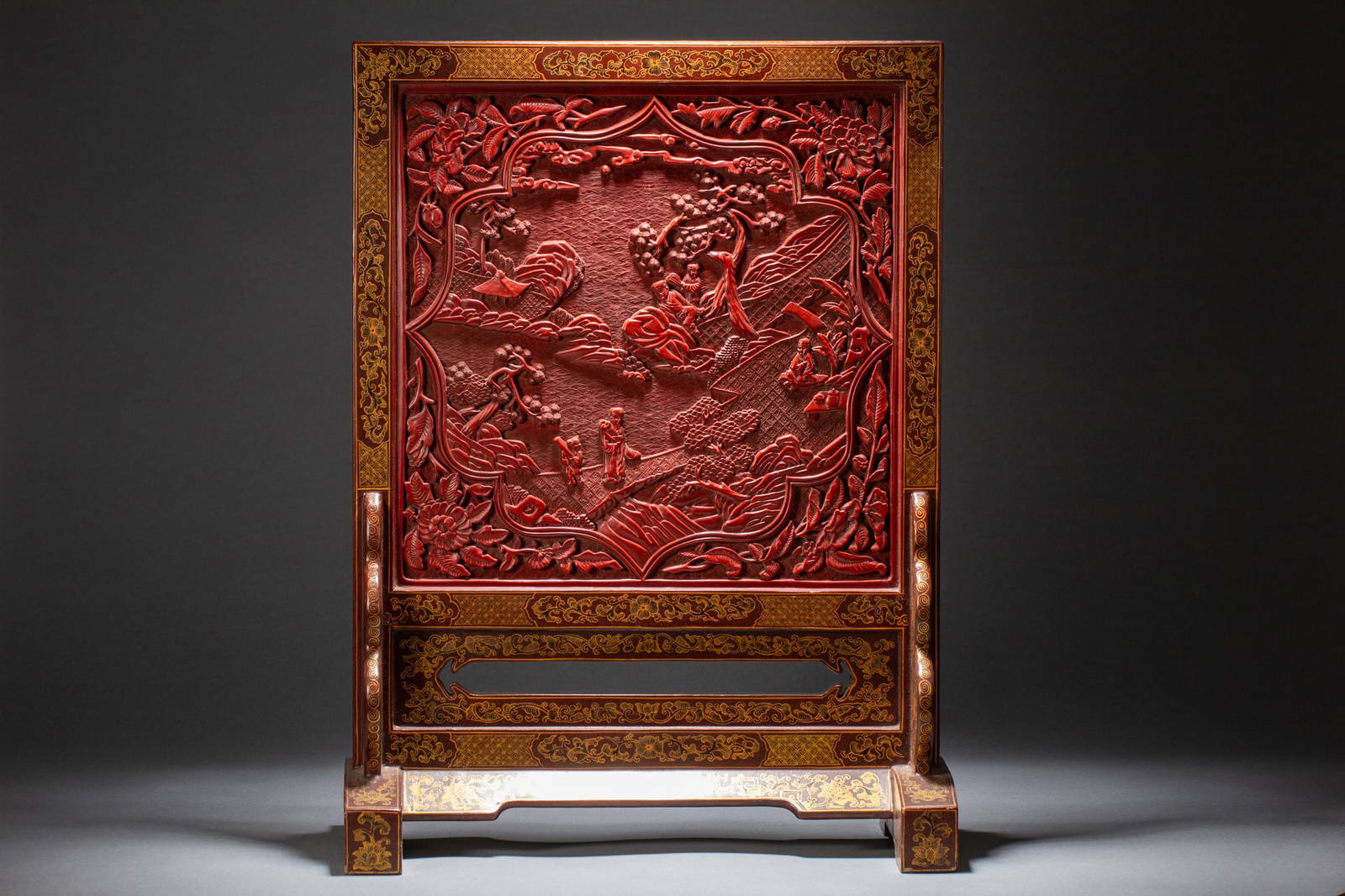 Lacquerware Carved Character And Landscape Pattern Table Plaque Auction