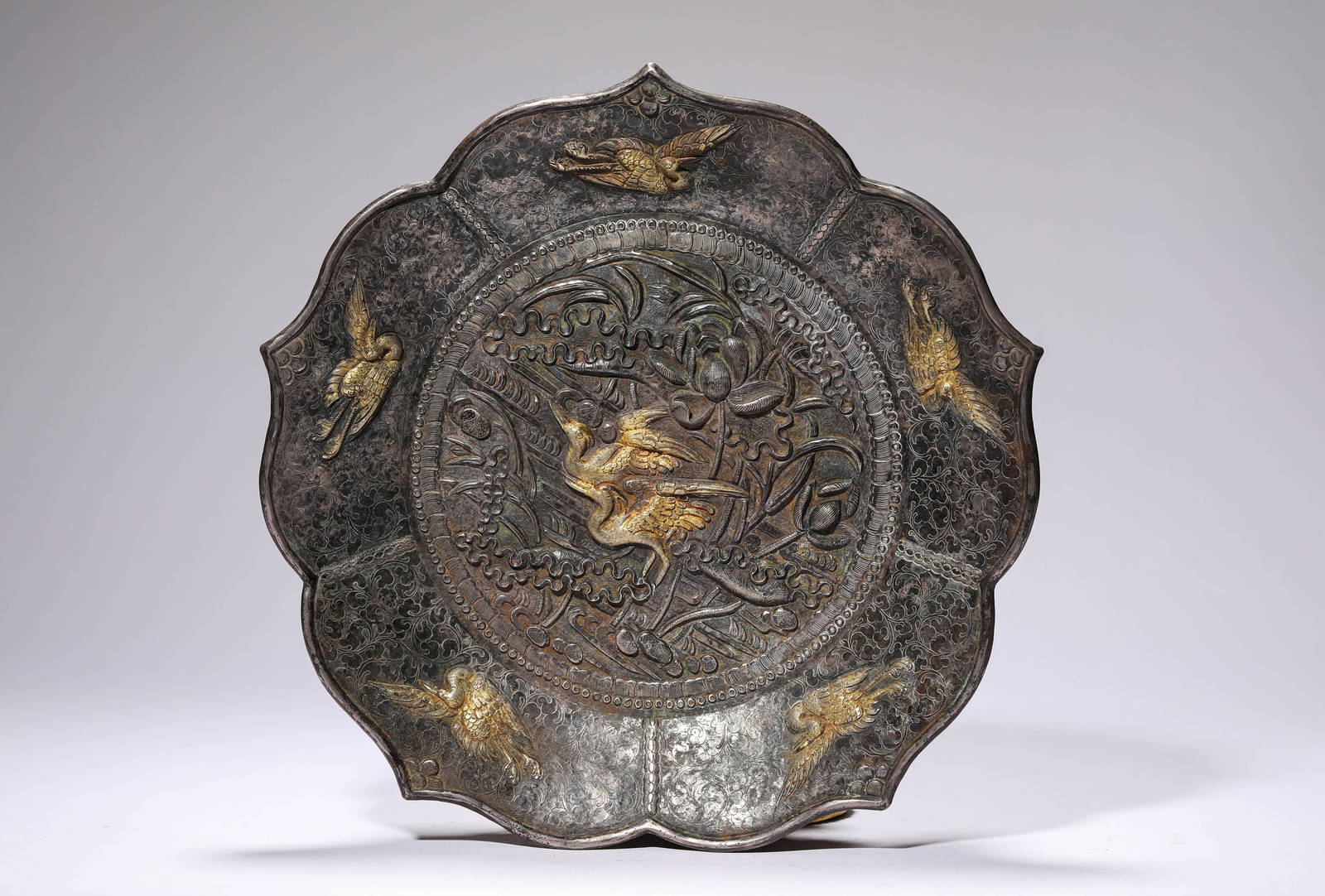 A Silver Partly Gilding Bird And Flower Dish Auction
