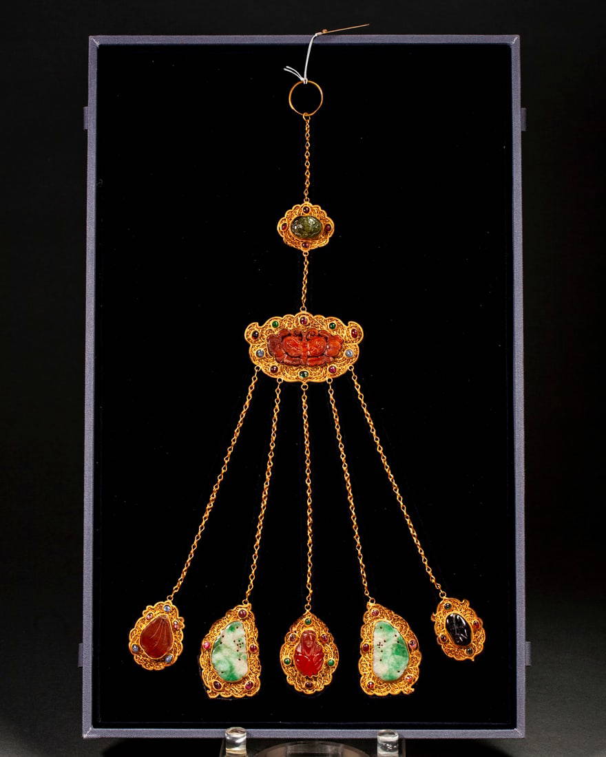 Solid Gold Inlaid Jade And Gem Stone Carved Flower Pattern Bracelet Auction