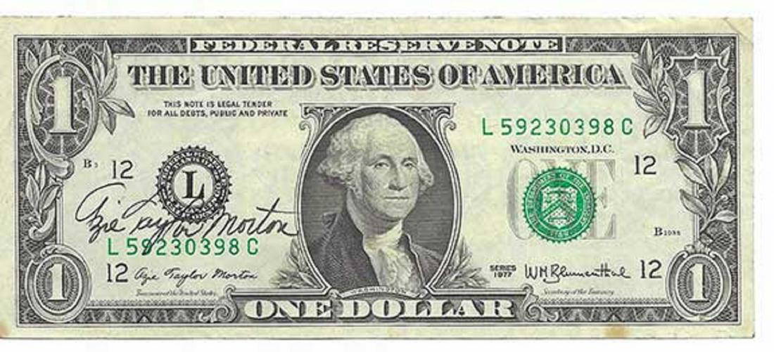 Us Treasurer Azie Taylor Morton Signed Dollar Bill.