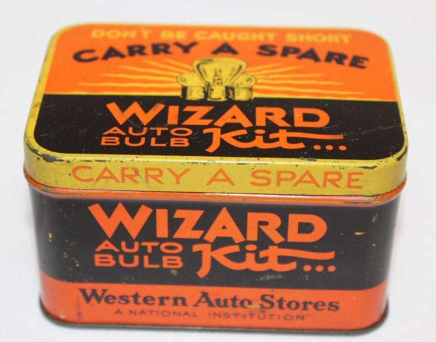 Wizard Auto Light Bulb Advertising Tin Display Can Western Auto Auction