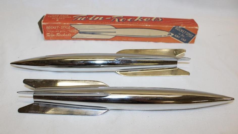 Nos Twin Rockets Accessory Hood Ornaments W/ Box Auction