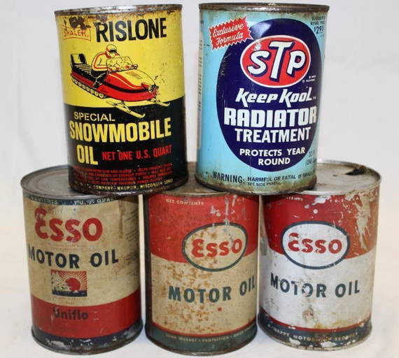 Group Of 5 Metal 1 Quart Oil Cans Esso, Stp, Rislone