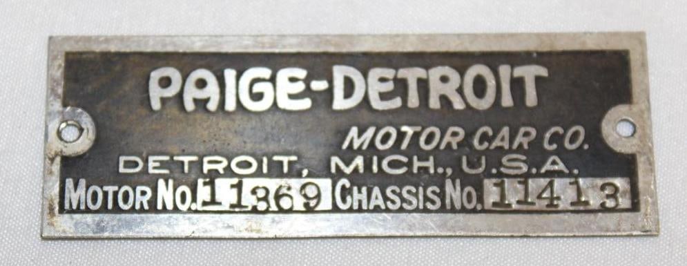 Paige Detroit Serial Number Data Tag Emblem Auction