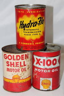 Group Of 3 Metal 1 Quart Shell Motor Oil Cans