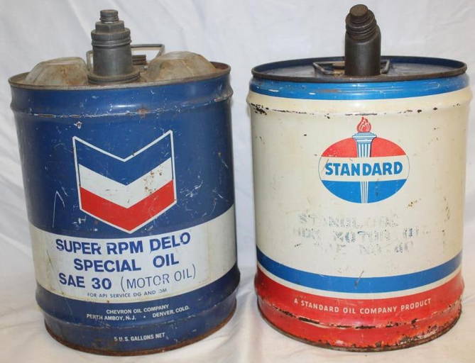 Group Of 2 Chevron And Standard Oil 5 Gallon Motor Oil Cans