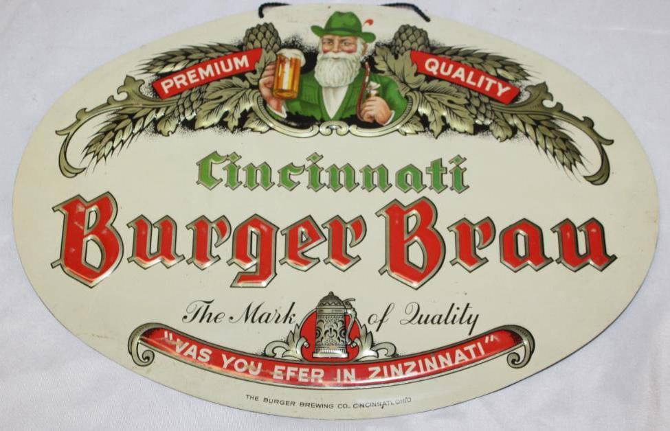 Embossed Metal Cincinnati Burger Beer Advertising Sign Auction