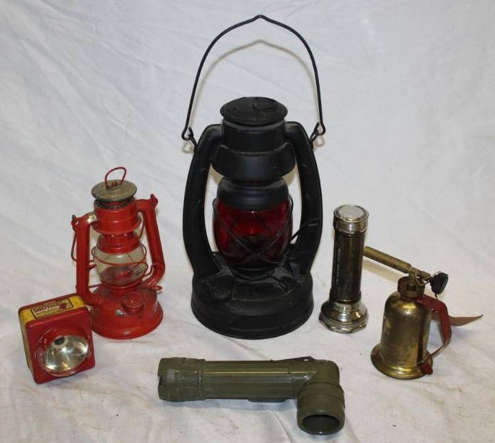 Group Of 6 Railroad Lanterns Flashlights And Torch; Feuerhand, Elgin ...