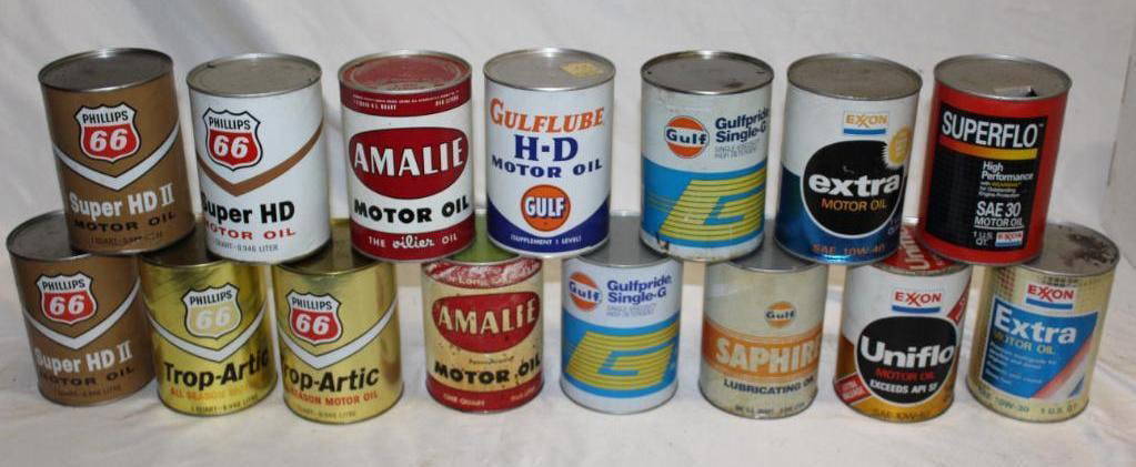 Group Of 15 One Quart Motor Oil Cans; Gulf, Exxon, Phillips 66, Amalie