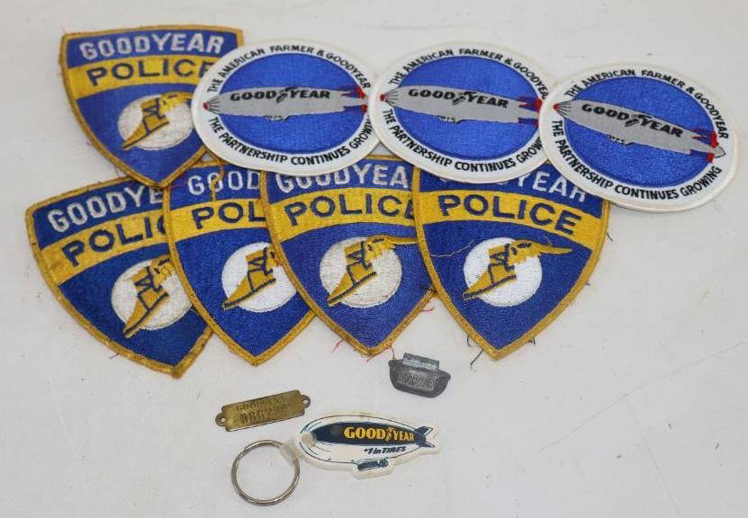Group Of 11 Goodyear Police Patches, Key Chain , Brass Tag And Embossed ...