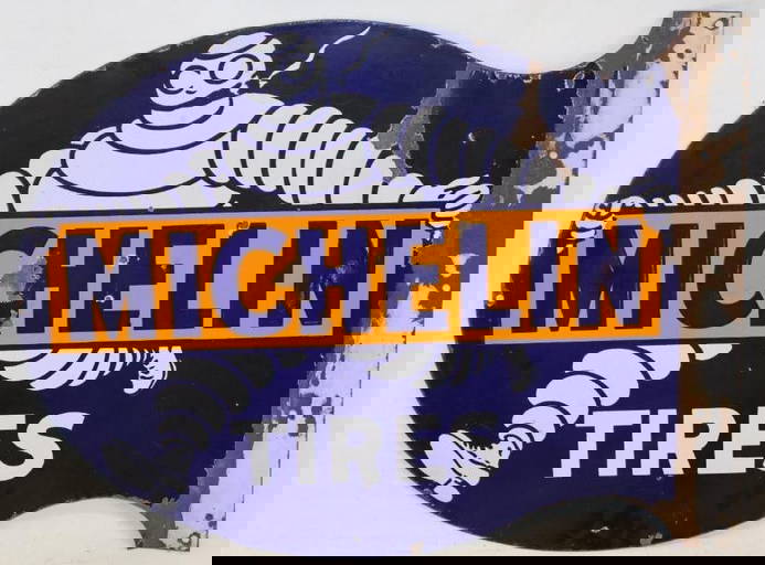 Desirable Michelin Tires Bibendum W/ Cigar Porcelain Flange Sign