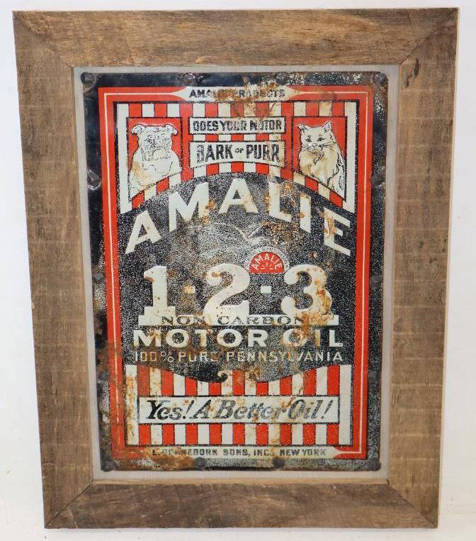 Early Graphic Amalie 1-2-3 Motor Oil Tin Tacker Sign Auction