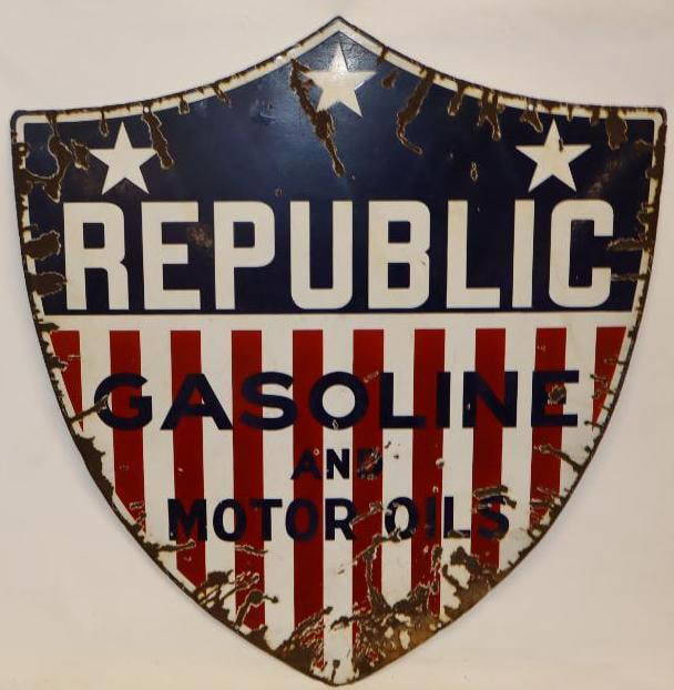 Republic Gasoline And Motor Oils Shield Shaped Porcelain Sign Auction