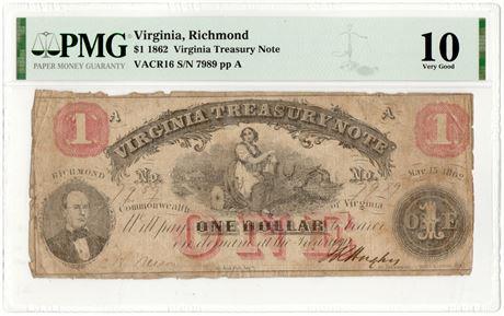 1862 $1 Virginia Treasury Note Pmg Vg 10