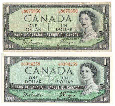 Canada P#66&74 2 Notes 1954 $1 Devil's Face Hairdo