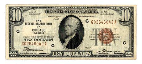 1929 $10 Federal Reserve Bank Of Chicago Illinois Note