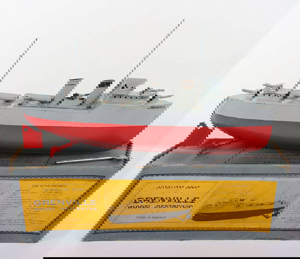 Boxed Sutcliffe Clockwork Tinplate Model Destroyer Grenville, 1930s Auction