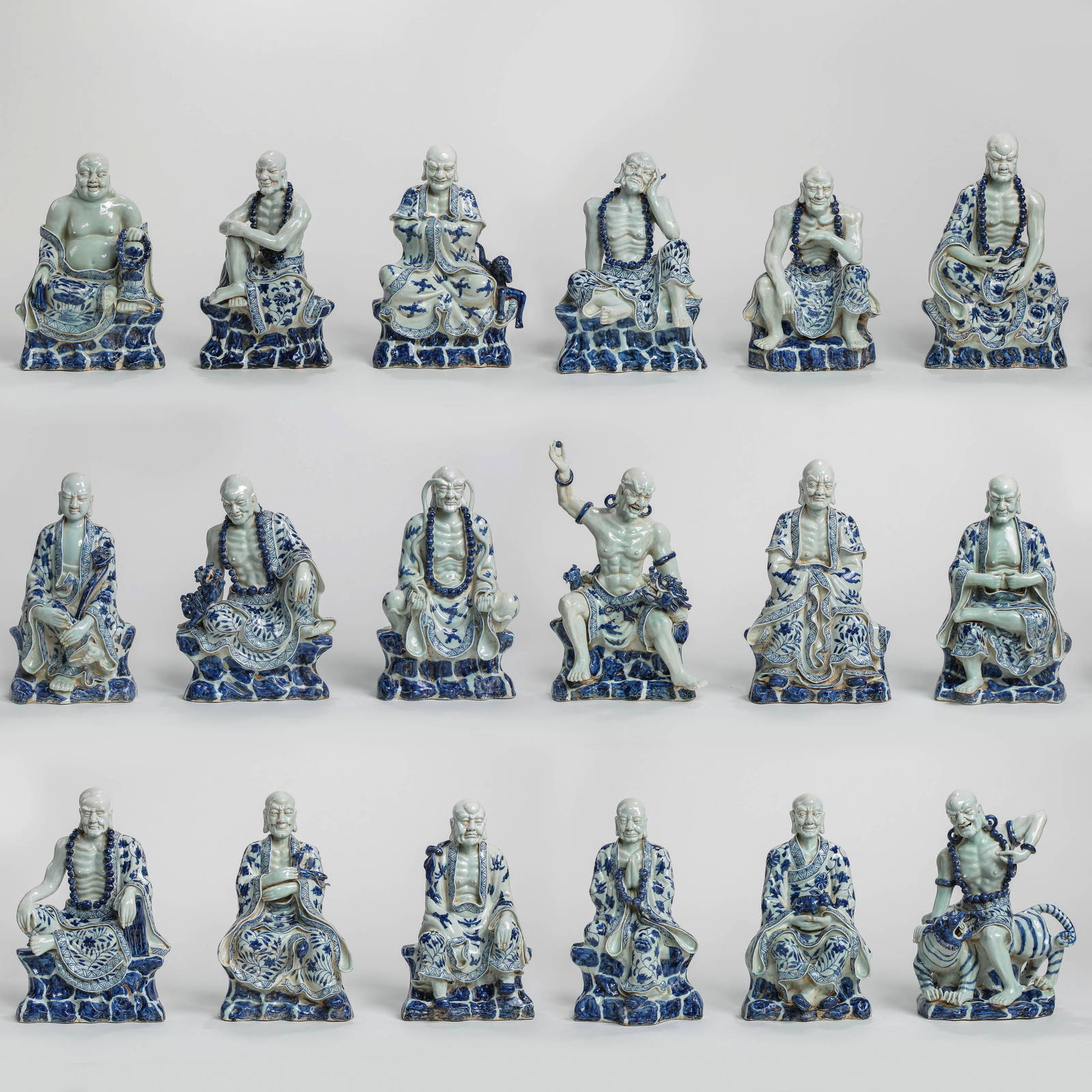 A Set Of Eighteen Arhats In Blue And White Porcelain From The Qing ...