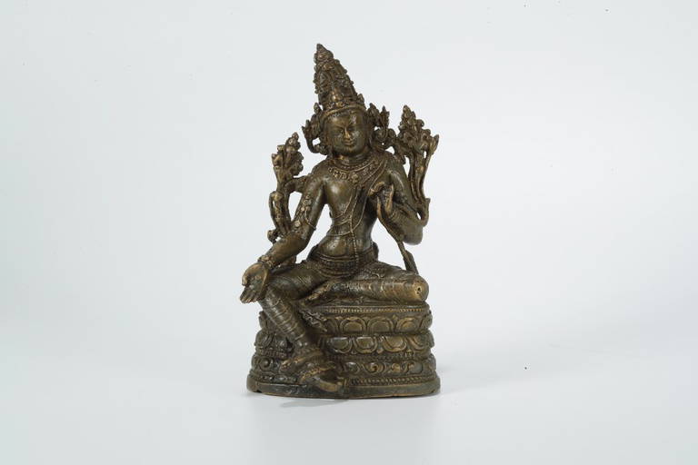 Chinese Ancient Bronze Statue Of Pala Green Tara Buddha
