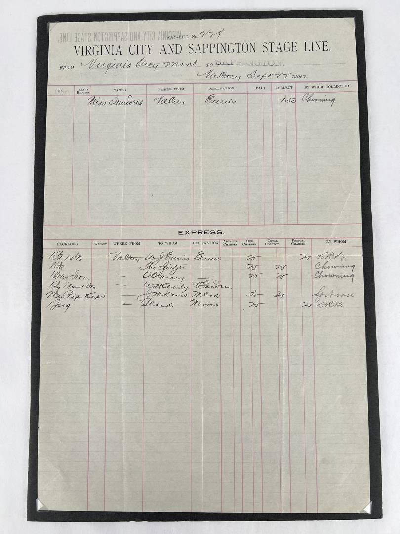 Virginia City Sappington Stage Line Billhead Auction