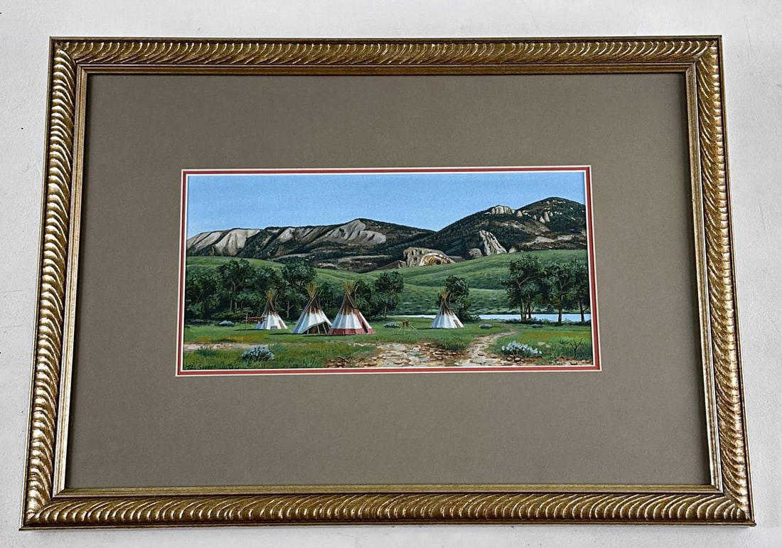Paul Surber Indian Encampment Gouache Painting Auction