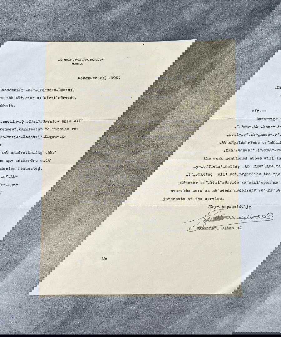 1906 Philippines Civil Service Letter Re Baseball Auction