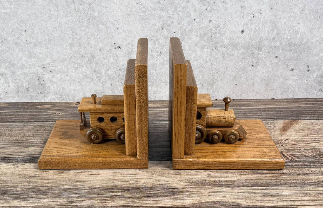 Custom Made Oak Railroad Train Bookends Auction