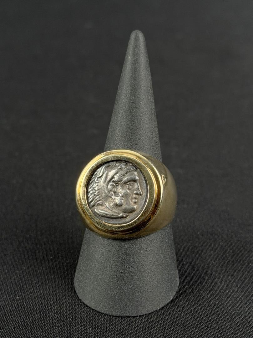 Ancient Macedonian Silver Coin 14k Gold Ring Auction