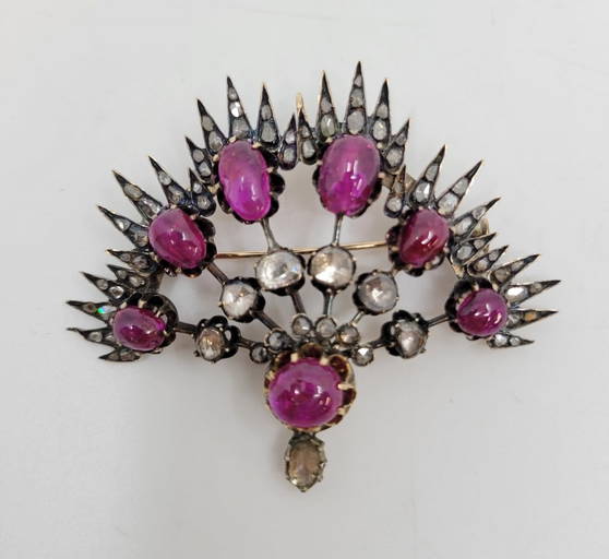 10k & Silver Diamond Ruby Crown Brooch