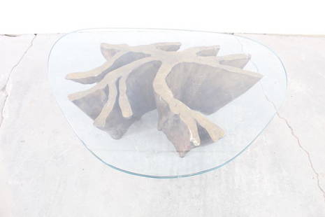 Live Edge Teak Tree Trunk Glass Topped Dining Table: