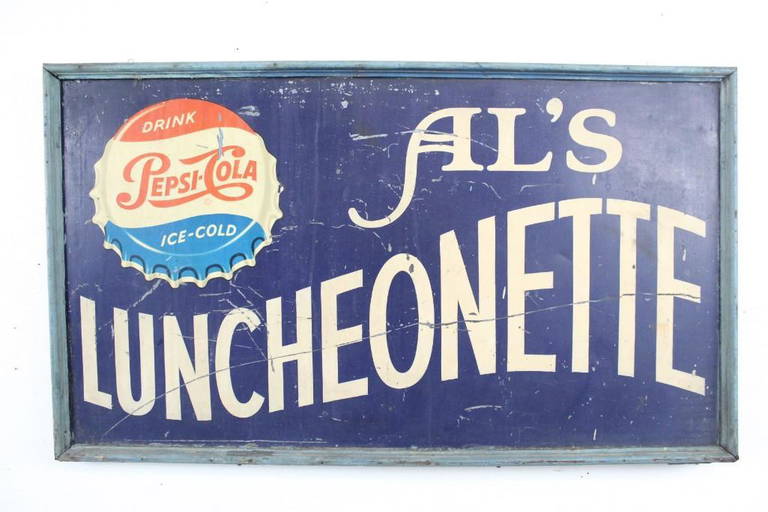 Antique "al's Luncheonette Pepsi" Cafe Advertising Sign